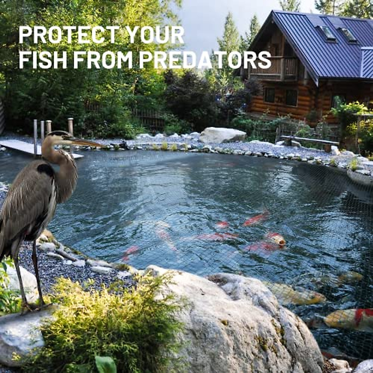 Pond Netting, 7’ x 10’ Pond Netting for Koi Ponds, Durable & Sturdy Pond Net to Catch Leaves & Debris, Drive Herons, Raccoons, Cats & Predators Away, Handy Accessories Included (3/8” Mesh)