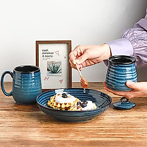 Hasense Ceramic Honey Jar with Lid,12 Ounce Honey Pot with Wooden Dipper,Porcelain Honey Dipper Stick and Jar Set,Honey Containers for Home and Kitchen,Dishwasher Safe(Blue)