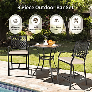 Tangkula 3 Piece Patio Bar Bistro Set, Outdoor Bar Height Stool & Table, Ergonomic Seat with Comfortable Cushion, Reinforced Steel Structure, Outside Dining Set for Poolside, Backyard (Beige)