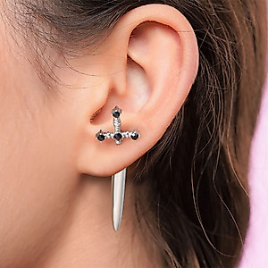 CHASELOV Gothic Earrings For Women, Sword Earrings, Goth Dagger Screw Back Earrings, Cool Mens Earrings, Fake Gauge Illusion Jewelry, Stainless Steel 18g Ear Jacket Earrings (Silver)