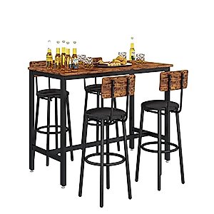5 Piece Pub Bistro Dining Set, Bar Table Set with 4 PU Bar Stools with Backrest, Industrial Counter Height Dining Table Set for Kitchen Living Room Restaurant Small Space (Rustic Brown-Bar Table Set)
