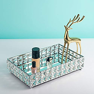 Feyarl Crystal Cosmetic Decorative Vanity Tray Jewelry Trinket Perfume Bottles Storage Organizer with Real Glass Surface for Dresser Table Home Deco12inch (Silver)