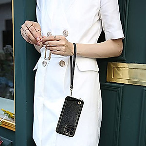 JLFCH ROMIELA Series iPhone 14 Pro Crossbody Case with Card Holder Wrist Strap, iPhone 14 Pro Wallet Case Chain Lanyard Leather Purse Women Protective for Apple iPhone 14 Pro, 6.1 inch - Black