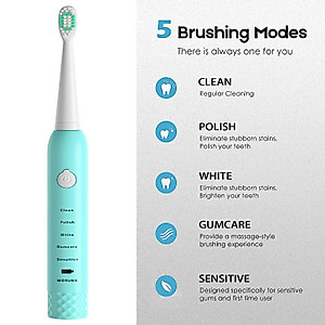Sonic Electric Toothbrushes for Kids-5 Modes with Smart Timer, Waterproof USB Charging Rechargeable Ultrasonic Toothbrushes, 4 Replacement Brush Heads, Adults Power Toothbrush, Dentists Recommend