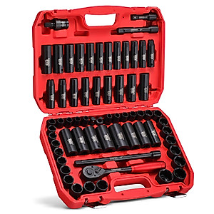 KBOISHA 1/2" Master Drive Impact Socket Set,65-Piece 6 Point Socket Set Standard SAE and Metric Sizes CR-V Steel Sockets with Adapters & Ratchet Handle