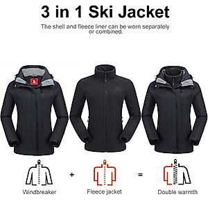 CAMEL CROWN Women's Ski Jacket Waterproof 3 in 1 Winter Jacket Windproof Warm Fleece Hooded Snowboard Mountain Snow Coat