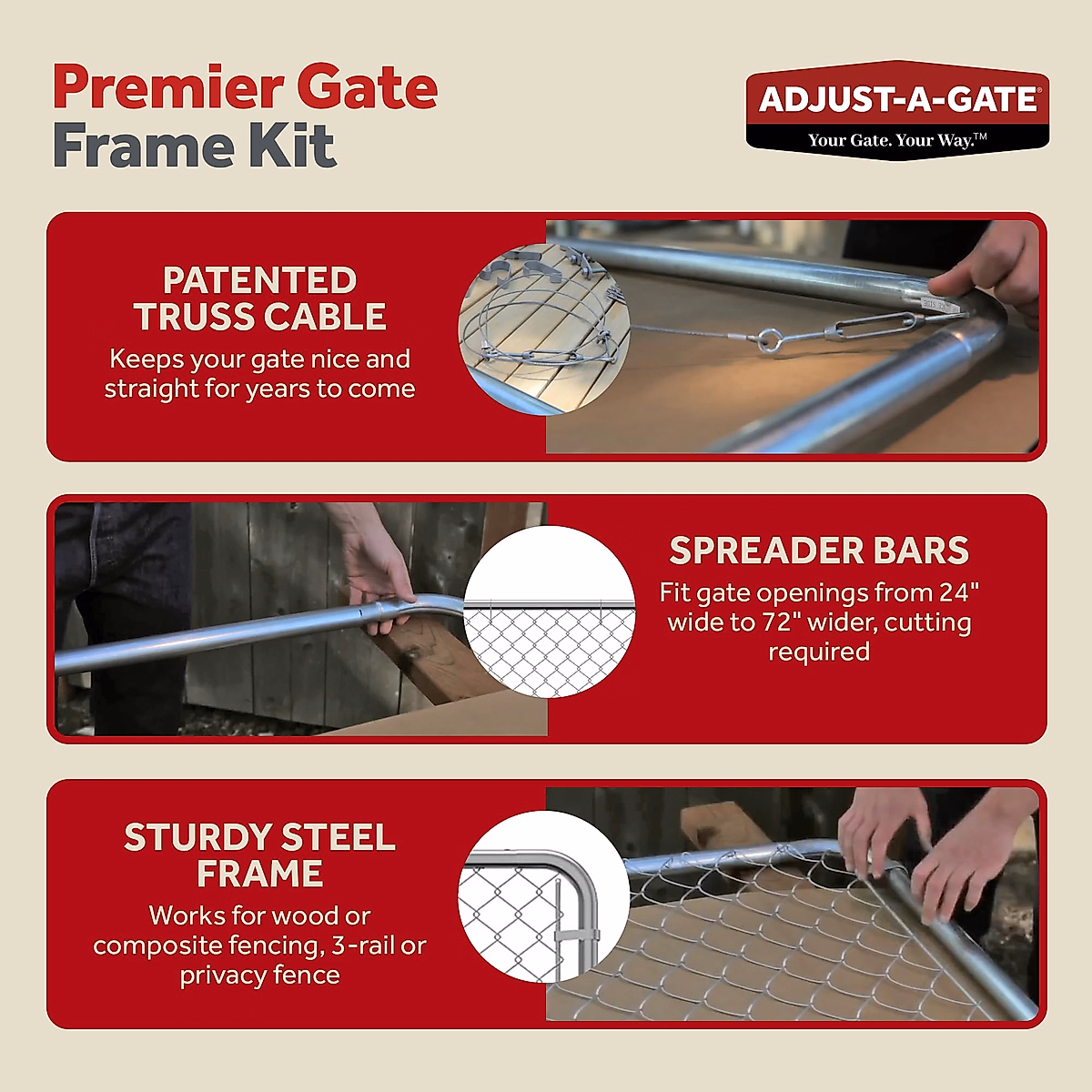 Adjust-A-Gate Adjustable Chain Link Square Corner Complete Gate Kit, Fit-Right, Black, 6'H