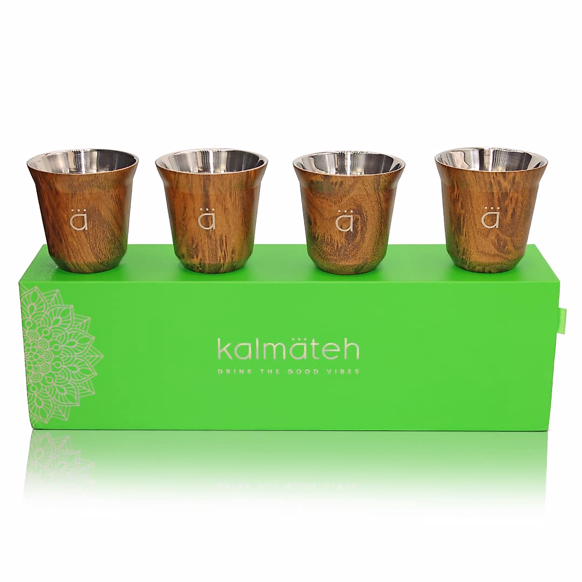 Kalmateh Heat Resistant Espresso Coffee Cups- Set of 4 - Double Wall Insulated Stainless Steel Espresso Cup Set - 2.7oz 80ml (Wood, 80ml)