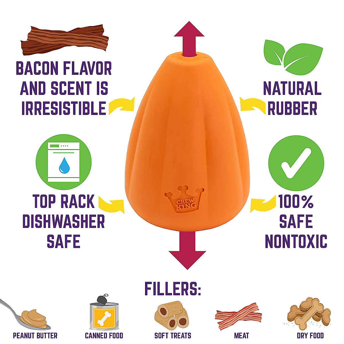 Chew King Premium Treat Dog Toy, Extremely Durable Natural Rubber Toy, Bacon Flavored Dog Toy Orange Large