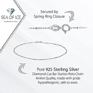 SEA OF ICE Sterling Silver Diamond-Cut Bar Station Rolo Chain Anklet - 1mm Anklet Size 9", 10" and 11" Italy - Nickel-Free Jewelry (Stering Silver, 10")