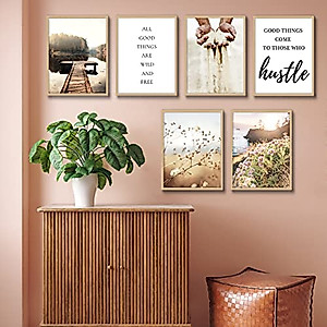 Nature Wall Art Prints Set of 6 Canvas Motivational Art Wall Decor Landscape Print Pictures Wooden Bridge Sand Flower Plant Poster Home Decorations for Living Room Bedroom (8"x10" UNFRAMED)