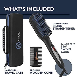Arkam Beard Straightener for Men -Premium Heated Beard Brush Kit w/ Anti-Scald Feature, Dual Action Hair Comb and Hard Shell Travel Case for Medium to Long Beards - Costume and Grooming Gifts for Men