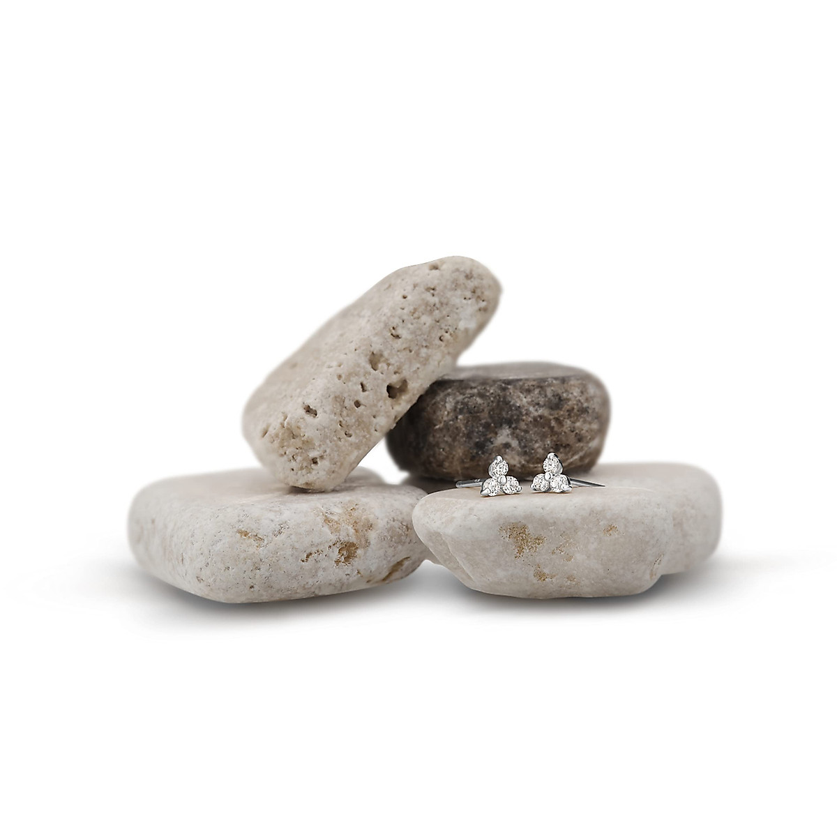 Solid 14k Gold Mini Lotus Cubic Zirconia Studs, Trefoil Trinity Triple Cluster Minimalist Earrings (White Gold)