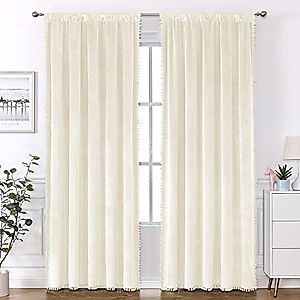 VANASEE Pompom Velvet Curtains for Bedroom Rod Pocket 52x84 inch Soft Blackout Window Curtains Room Darkening Drape Light Blocking for Living Room 2 Panels,Ivory