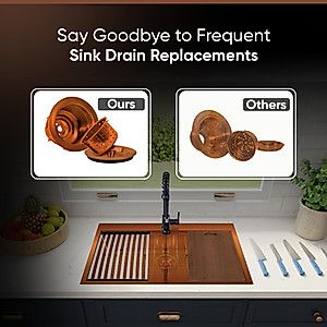 Strictly Sinks Sink Drain Strainer with Removable Basket - 3-1/2 Inch Stainless Steel Round Kitchen Sink Drain Assembly Kit with Deep Strainer Basket & Stopper (Copper)