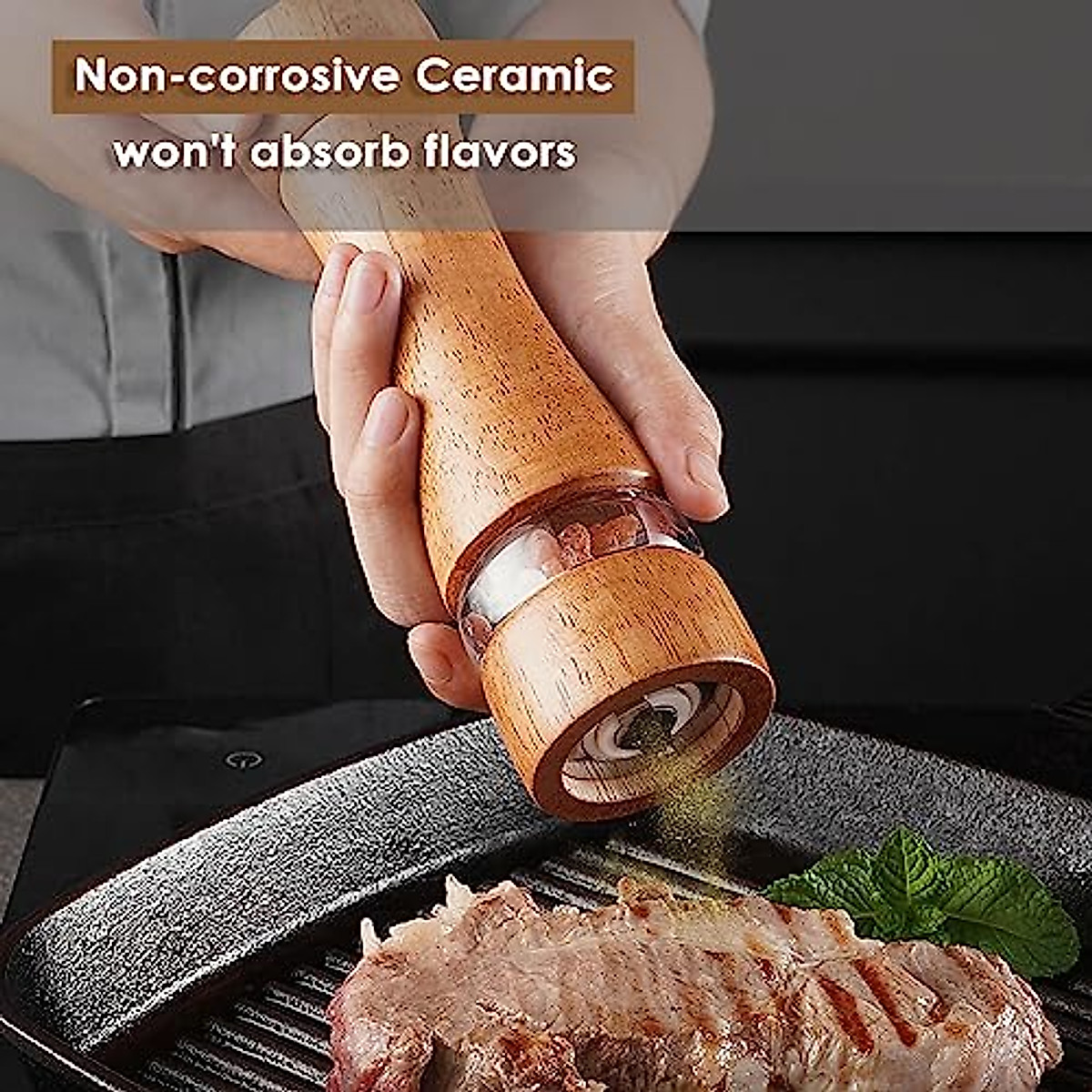 mosuniro Salt and Pepper Grinder Set - 2 Pack Wooden Salt and Pepper Mill Sets with Adjustable Coarseness - Refillable Manual Pepper Mill Grinder