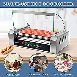 Hot Dog Roller Machine Electric Grill Cooker Machine with Glass Cover 18 Hot Dog Capacity 7 Roller Grill Machine for Commercial Grade Household 120V 900W (7 Roller Grill)