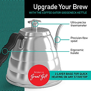 Coffee Gator 34oz Stainless Steel Gooseneck Kettle with Thermometer, 4 Cup