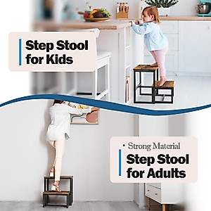 LIANTRAL Step Stools for Adults Kids, 3 in1 Heavy Duty Sturdy Two Step Stool, Supports Up to 500lb, Wooden Board Metal Frame, Foot Stool for High Bed Kitchen Bathroom - Rustic Brown