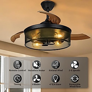 NEWORB 42 Inch Retractable Ceiling Fan with Lights, Reversible 6 Speeds Farmhouse Cage Fans Industrial Hidden Blade Ceiling Fans with Light and Remote, for Living Room, Bedroom, Patio, Black