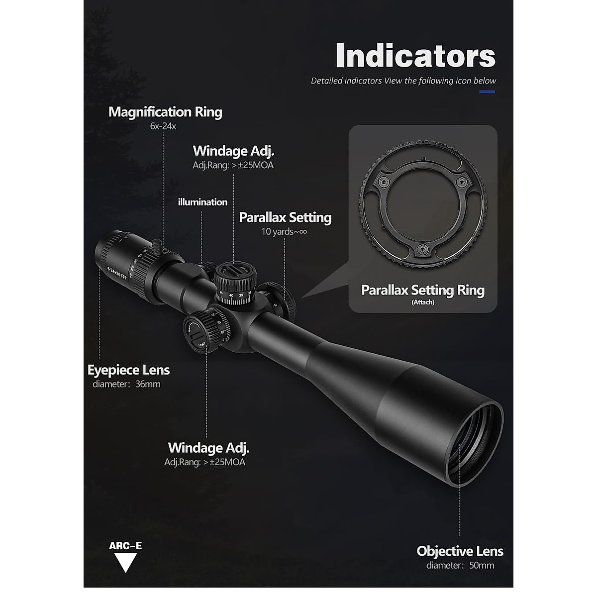 SPINA OPTICS 6-24x50 FFP First Focal Plane Riflescopes with Mil-dot Reticle and Parallax Adjustment, Sunshade Included, Waterproof, Fogproof Black Rifle Scope, 30mm Tube (with 11mm mounts)