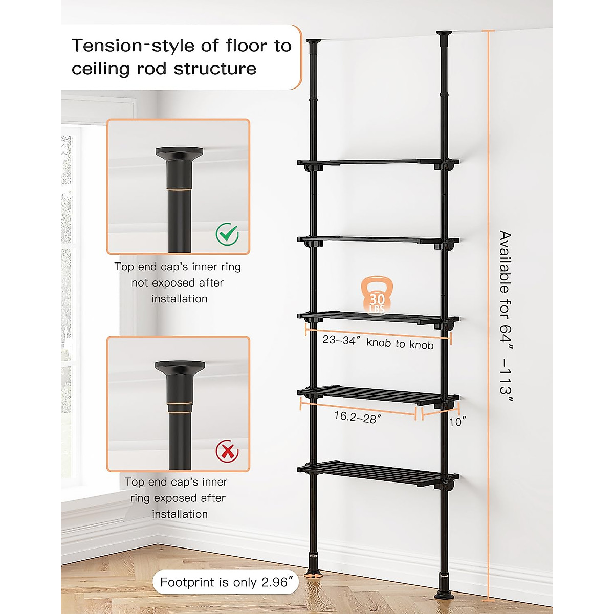 ALLZONE 5-Tier Metal Storage Shelves Organizer, Adjustable Width and Height, Shelving Units and Storage with Tension Mount, Versatile for Kitchen Shelves, Closet Shelves, Laundry Room Shelves, Black