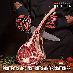 Entire 3 in 1 BBQ Grill Gloves, Extreme Heat Resistant, Insulated Fireproof Silicone Oven Mitts for Cooking, Grilling, Barbecue, Non-Slip Grip Pair with Silicone Brush & BBQ Grilling Tong