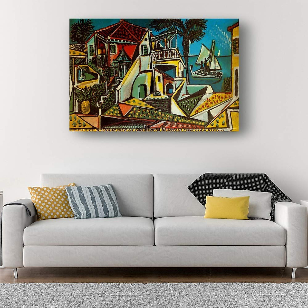 Picasso Famous Mediterranean Landscape Poster Canvas Wall Art for Living Room Decor Pictures Aesthetic Pictures for Kitchen Print Painting Artwork Bathroom Decorations Wall Bedroom Canvas Modern (36x24inch(90x60cm),Framed)