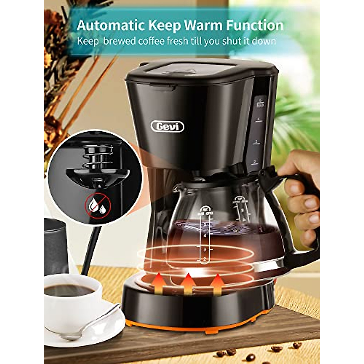 Gevi 5 Cups Small Coffee Maker, Compact Coffee Machine with Reusable Filter, Warming Plate and Coffee Pot for Home and Office