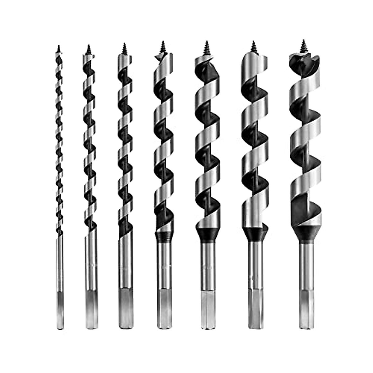 QWORK Auger Drill Bit Set, 7 Piece Set 9" Auger Bit Set Hardened Alloy Steel Ship Auger Bit Creates Deep Clean Hole Precise Drilling for Wood Drilling 1/4", 3/8", 1/2", 5/8", 3/4", 7/8",1"