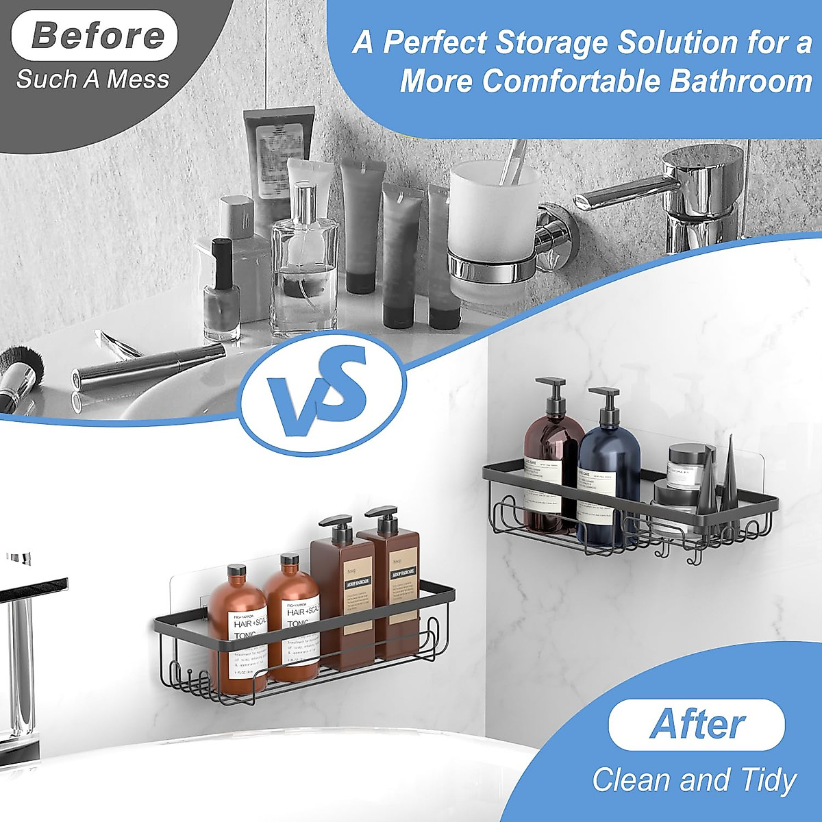 Quapkatt Adhesive Shower Caddy, SUS304 Stainless Steel Shower Organizer 2 Pack - Bathroom Organizers and Storage With 4 Hook, Large Capacity Shelf Basket Accessories for Bathroom & Kitchen (Black)