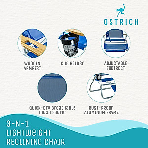 Ostrich 3N1 Lightweight Lawn Beach Reclining Lounge Chair with Footrest, Outdoor Furniture for Patio, Balcony, Backyard, or Porch, Blue