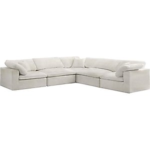 Meridian Furniture 634Cream-Sec5C Cozy Collection Contemporary Fiber Filled Comfort Overstuffed Velvet Upholstered Modular Sectional Seating for 5 Cream