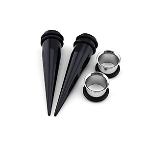 Urban Body Jewelry 9mm Ear Stretching Kit - 2 Black Acrylic Tapers & 2 Steel Tunnels (4 Pieces)