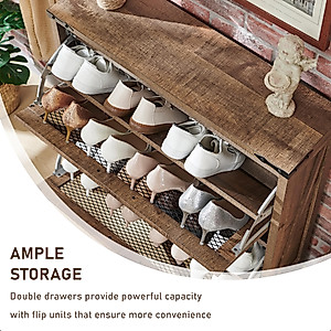 JXQTLINGMU Shoe Cabinet with 2 Flip Drawers, Farmhouse Shoe Storage Cabinet with Mesh Doors and Adjustable Shelves, Rustic Wooden Shoe Organizer, Small Shoe Cabinet Storage for Entryway, Light Brown