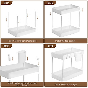 sagecapri 3 Pack Under Sink Organizer, 2 Tier Under Kitchen Bathroom Sink Storage with Hooks & Haning Cups, Multi-Purpose Cabinet Organization Basket Storage Shelf for Restroom Bedroom Living room