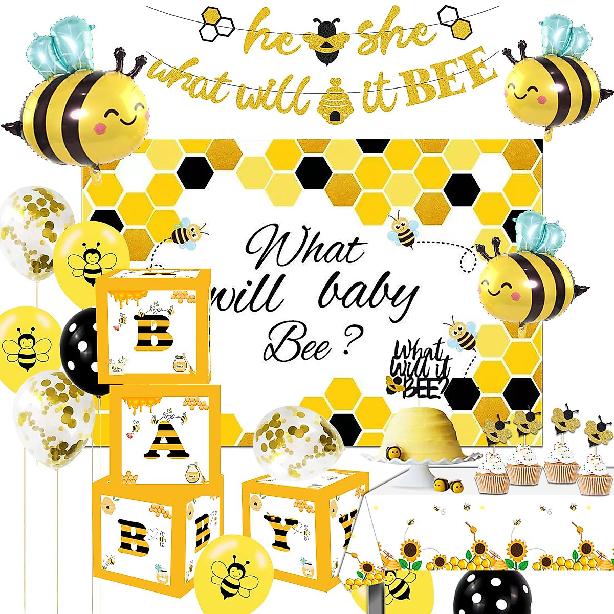 GREPARPY What Will It Bee Gender Reveal Party Decorations, Bumble Bee Baby Shower Supplies Include Banner, Tablecloth, Backdrop, Balloons, Boxes, Topper, Honey Bumble Bee Theme Party Decorations
