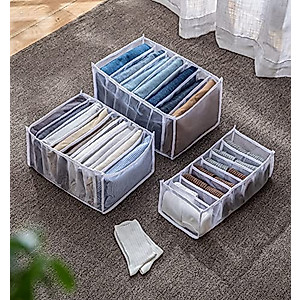 MBVBN Drawer Organizers for Clothing Wardrobe Clothes Organizer, 7 Grids Jeans Compartment Storage Box Foldable Closet Organizer Mesh Separation (White, Medium+Large)