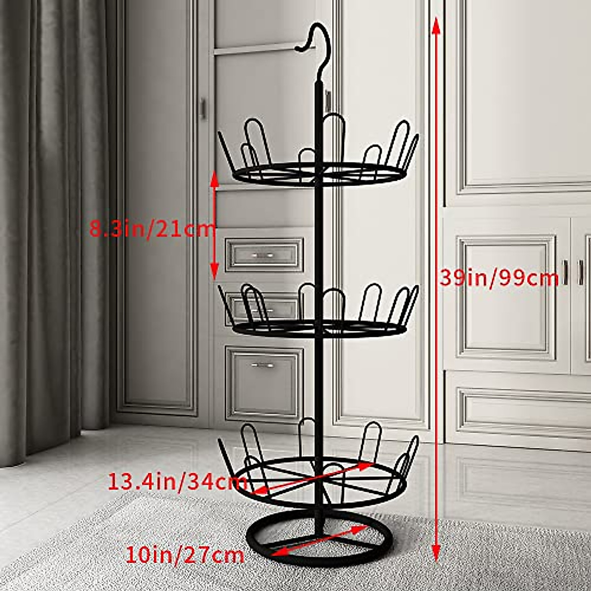 TANGGU Spinning Round Shoe Organizer Rack,Revolving Shoe Rack Iron Shoe Tree Rack,Standing Circular Shoe Rack Rotating Shoe Rack(3 Tier,Black)
