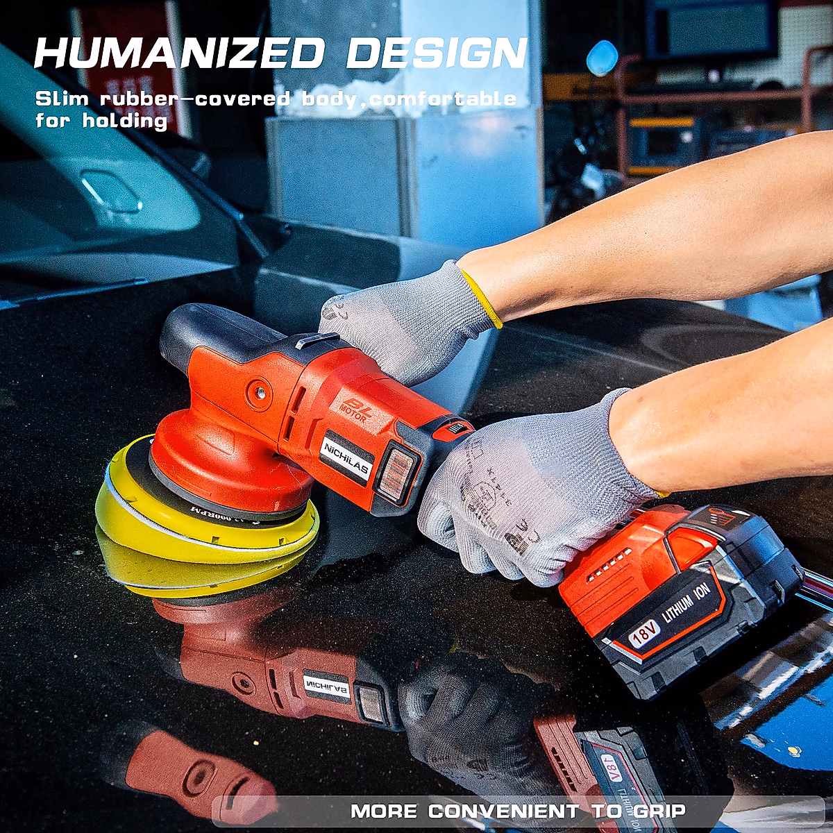 Nichilas Cordless Car Polisher, Orbital Portable Polishing Waxer Machine with Brushless Motor 6 speeds 750-6800RPM, Compatible with Milwaukee M18 Batteries (NO BATTERY)