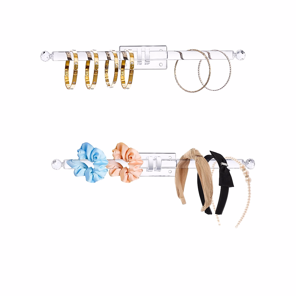 Heesch Headband Holder, Bracelet Holder, Claw Clip Organizer, Acrylic Necklace Holder, Hat Rack for Baseball Caps, Wall Mount Jewelry Holder for Bracelets, Watches, Headbands, Hair Ties (2-Pack)