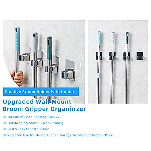 Cokshy 4 Pcs Stainless Steel Broom Holder, Heavy Duty Garden Tool Organizer Rack Rake, Square Rust Resistant Broom Holder Wall Mount for Kitchen Bathroom Closet Garden Garage - Gray