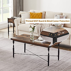 VECELO 3 Pieces Coffee/End/Side Table Set with Storage Drawers for Living Room, Office, Industrial Metal Frame, Easy Assembly, 41.3 in, One+Two, Rustic Brown