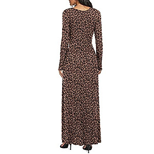 LILBETTER Women Long Sleeve Deep V Neck Loose Plain Long Maxi Casual Dress(F Leopard Deep Khaki,Large)
