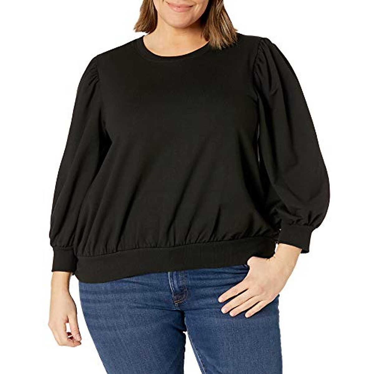 The Drop Women's Leona Short Puff Sleeve Crew Neck French Terry Sweatshirt, Black, S
