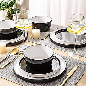 AmorArc Ceramic Dinnerware Sets for 4,12 -Piece Double Color Stoneware Plates and Bowls Set,Chip and Crack Resistant | Dishwasher & Microwave Safe Dishes Set,Service for 4 -White &Black