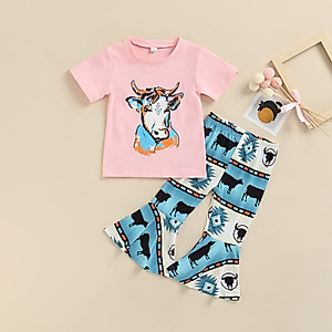 Bmnmsl Baby Toddler Girl Clothes Summer 2T 3T 4T 5T Outfits Short Sleeve Top & Flared Pants Sets Kids Cattle Tiger Pattern (Cows-Pink, 2-3T)
