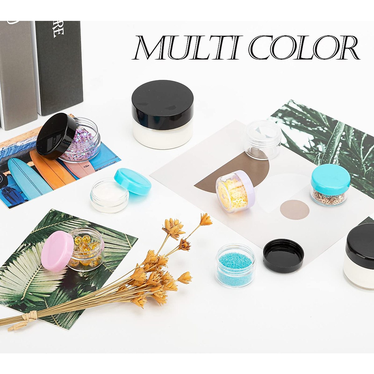 ZEJIA 10pcs Small Travel Containers, Black Sample Containers with Screw Lids, 5 Size 3/5/10/15/20 Gram Sample Jars with 12pcs Labels and 2pcs Mini Disposable Spatula, Makeup Sample Containers BPA Free