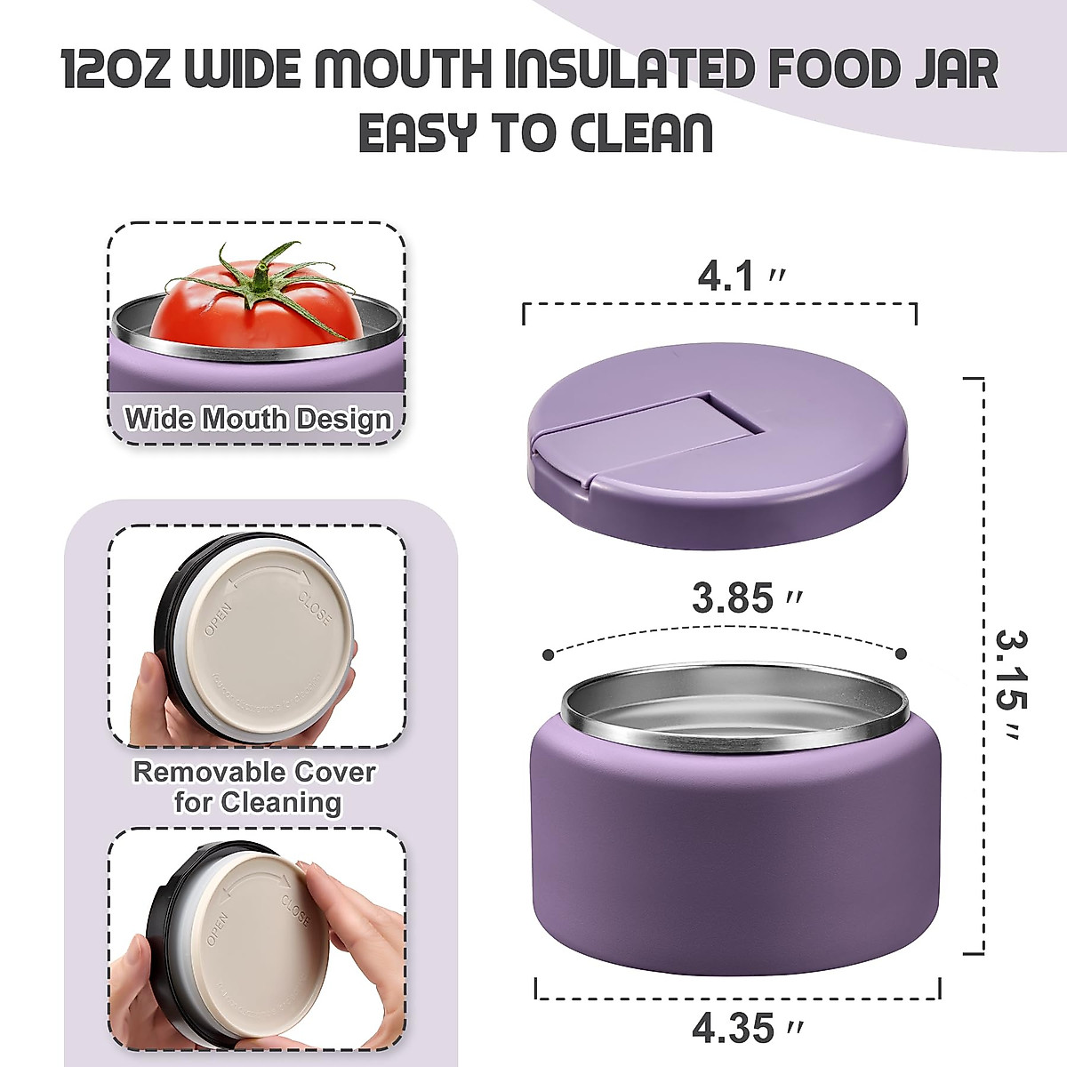 BOSEDSANG 13.5oz Soup Thermo for Hot Food Kids with Buckle Lid Insulated Vacuum Food Jar Wide Mouth Leakproof Stainless Steel Lunch Container (Purple)