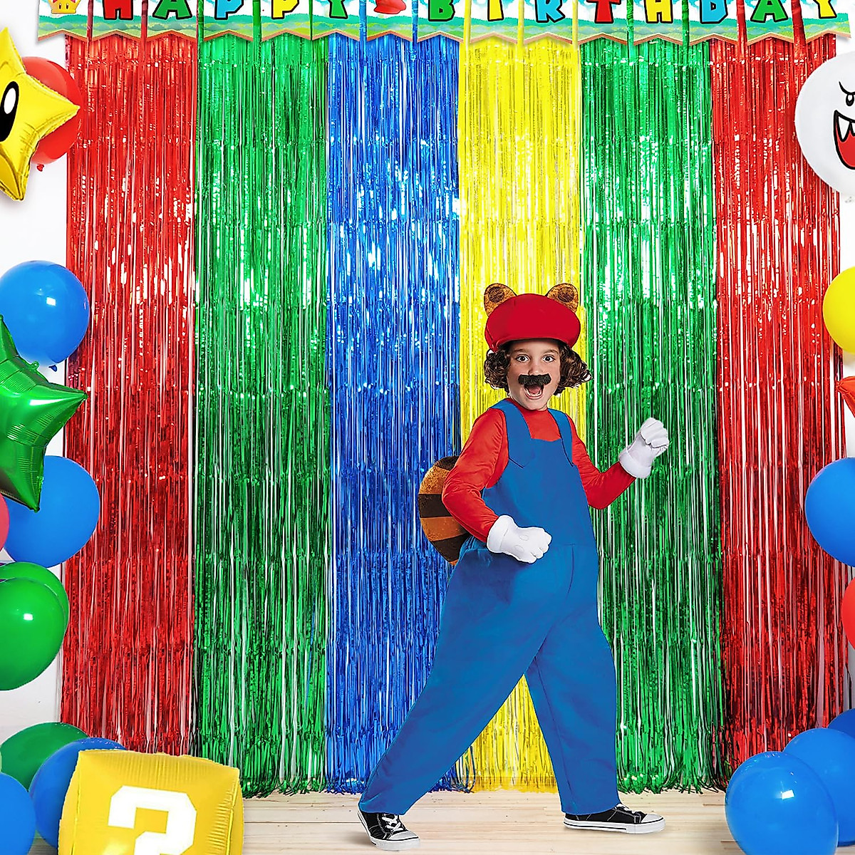 Super Bros Birthday Party Decoration, including 2Pack Red Green Blue Yellow Foil Fringe Curtains, 1pc Mario Themed Birthday Banner & 22pcs Balloons for Video Game Mario Theme Birthday Party Supplies